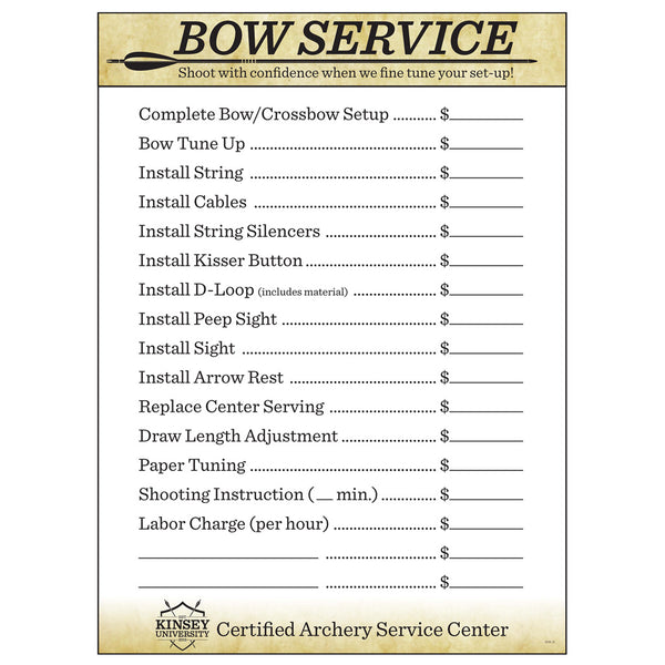 Kinsey's Bow Service Price Chart – Archery Warehouse