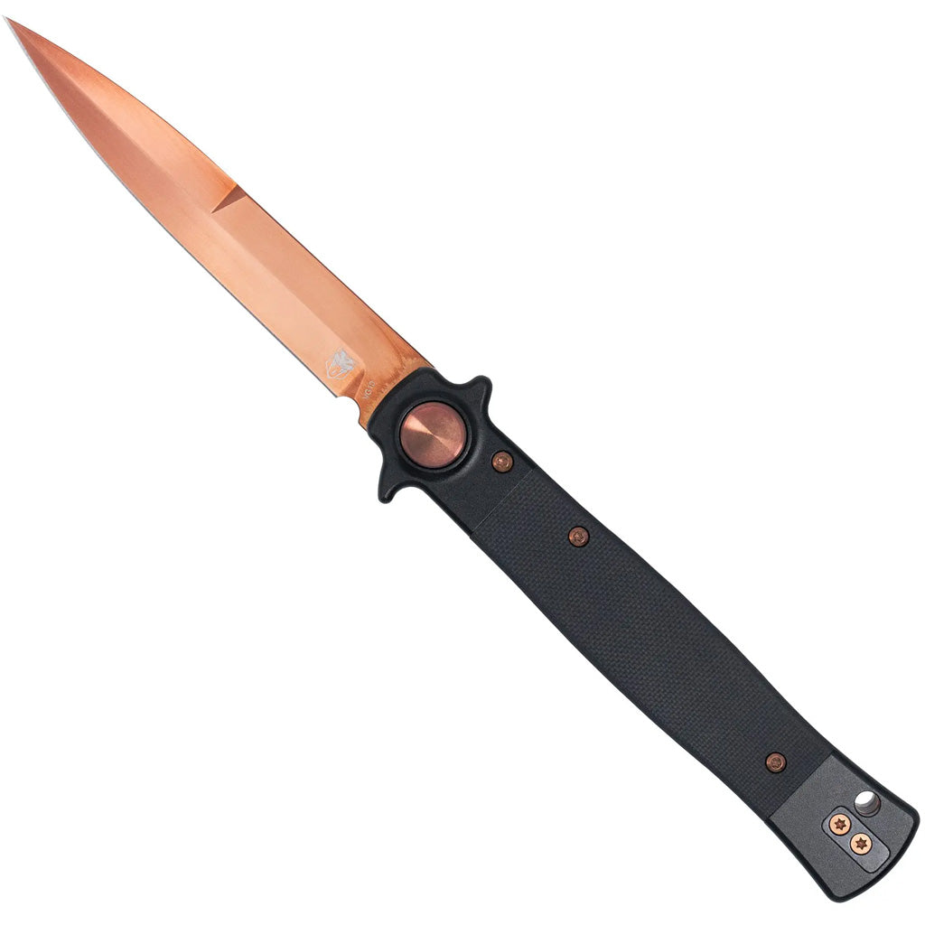 CobraTec Stiletto Button Lock G10 Knife Folding Blade Black/Rose Gold ...